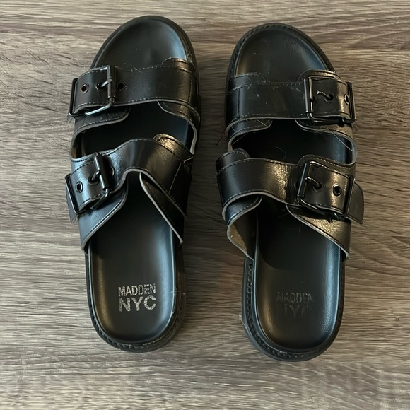 MADDEN NYC | Shoes | Madden Nyc Black Platform Double Strap Slides ...